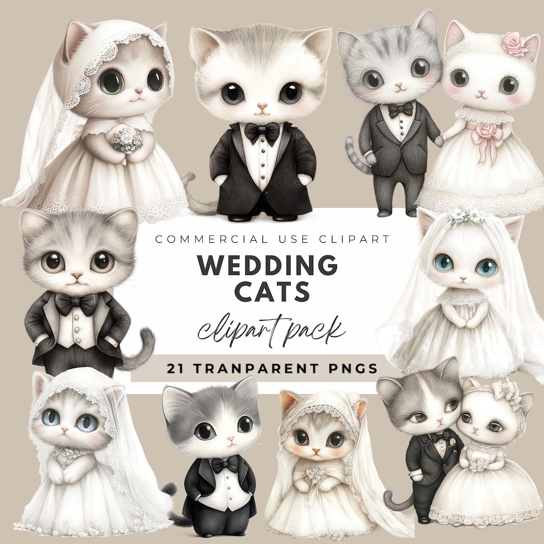 Wedding Cats Clipart Cute Cat Bride and Groom PNG Cat Lover Wedding Art ...