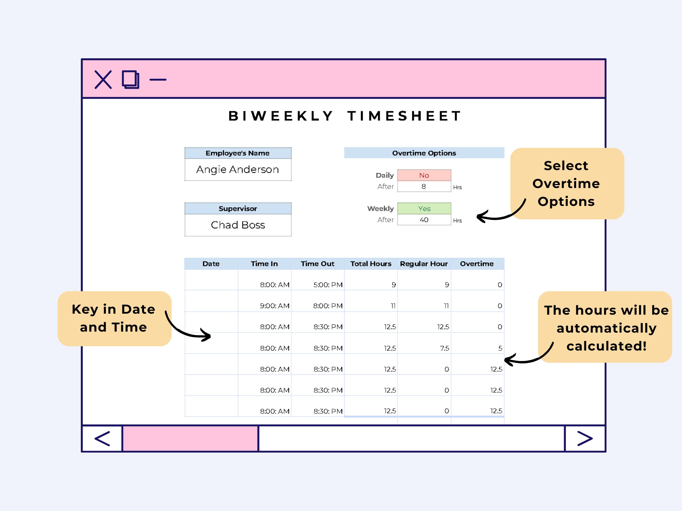 Biweekly Timesheet Template Self Calculating PDF Googlesheet Time ...