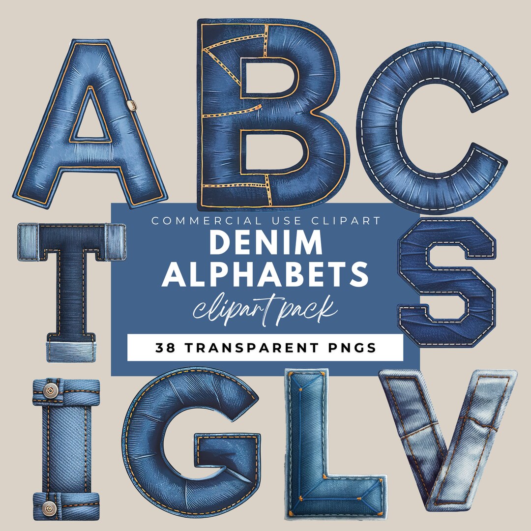 Watercolor Denim Alphabet Clipart Digital Jeans Font PNG Denim Letter ...