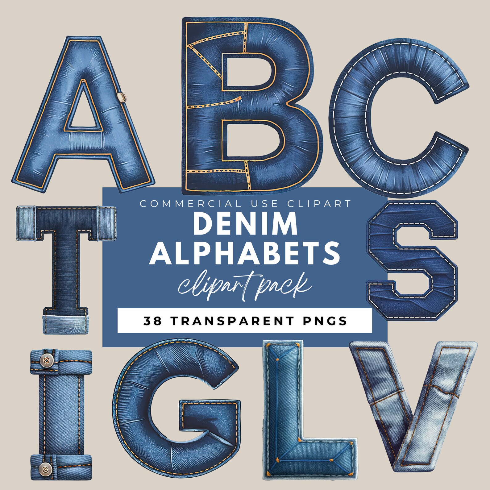 Watercolor Denim Alphabet Clipart Digital Jeans Font PNG Denim Letter ...