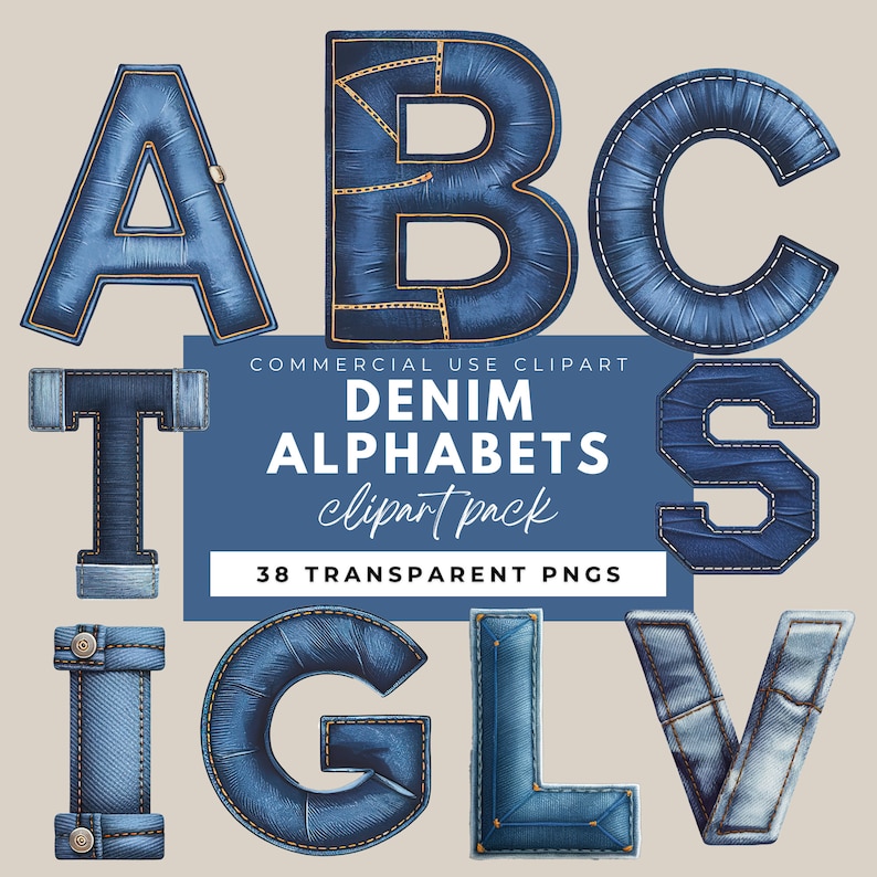Watercolor Denim Alphabet Clipart Digital Jeans Font PNG Denim Letter ...