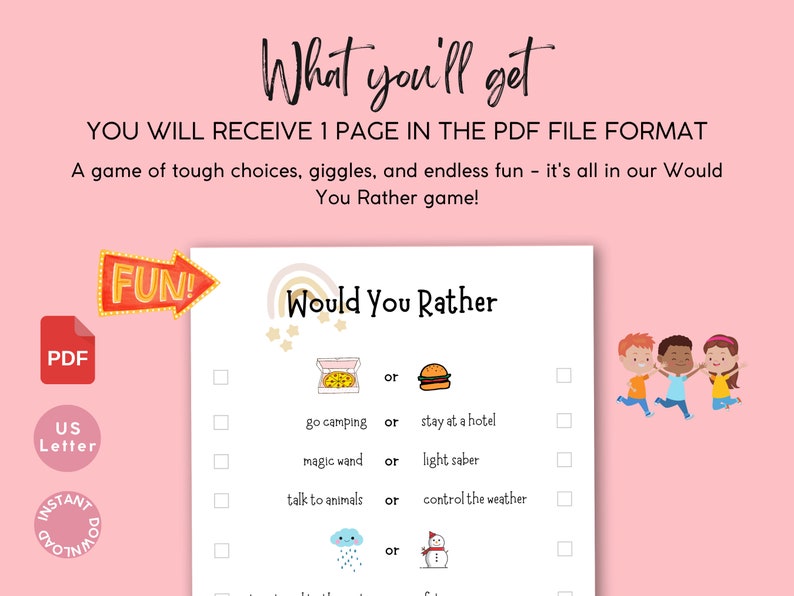 Would You Rather for Kids, Party Games for Kids, Printable Kids Game ...
