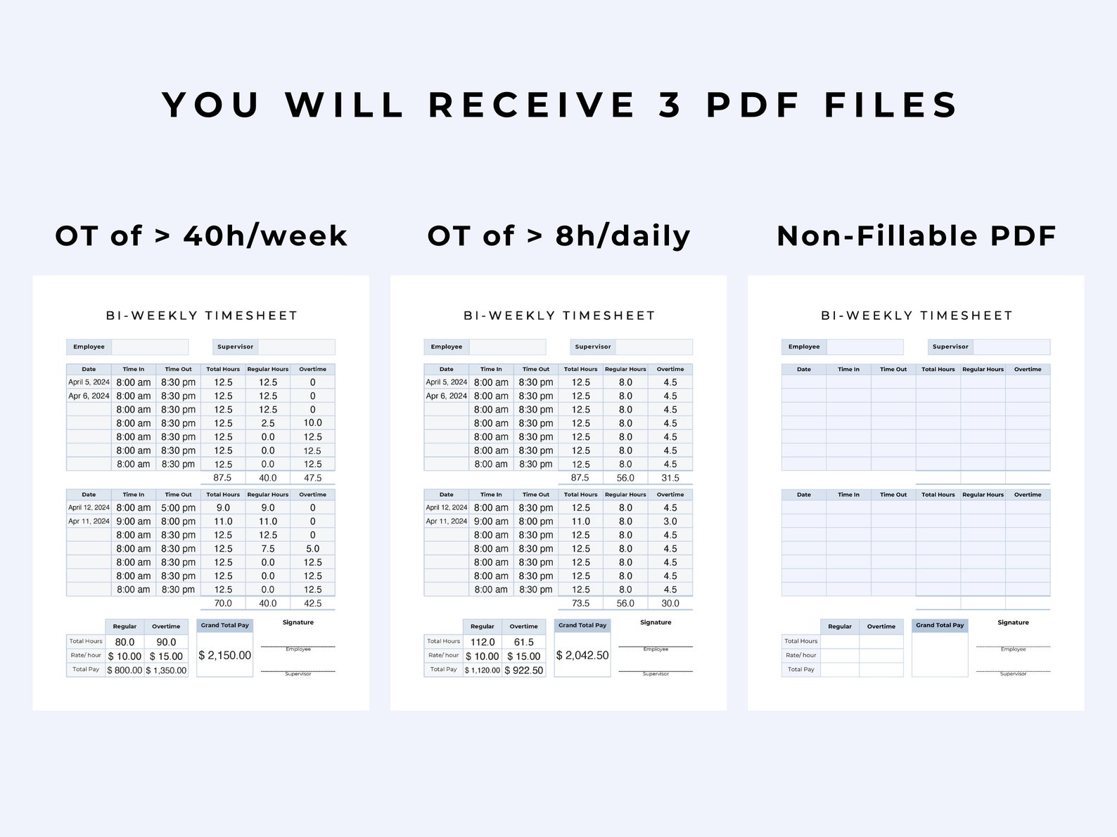 Biweekly Timesheet Template Self Calculating PDF Time Tracker Work Hours Log Time Sheet ...