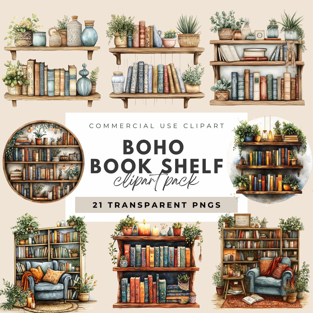 Boho Bookshelf Clipart Watercolor Bookshelf PNG Boho Aesthetic Bookcase ...