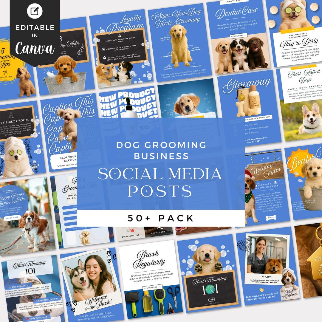 Dog Grooming Social Media Template Pack, Editable Canva Instagram Posts ...