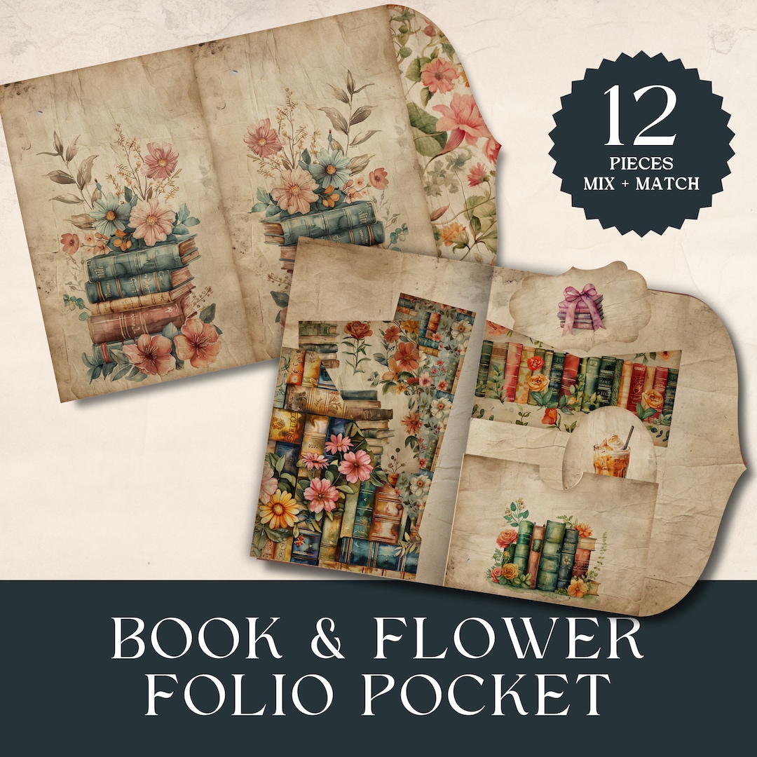 Books and Flowers Junk Journal Page Floral Junk Journal Folio Kit Books ...