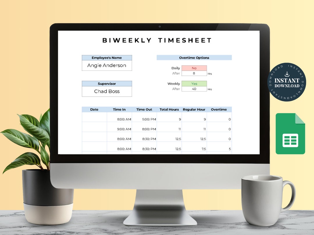 Biweekly Timesheet Template Self Calculating Google Sheet Time Tracker ...