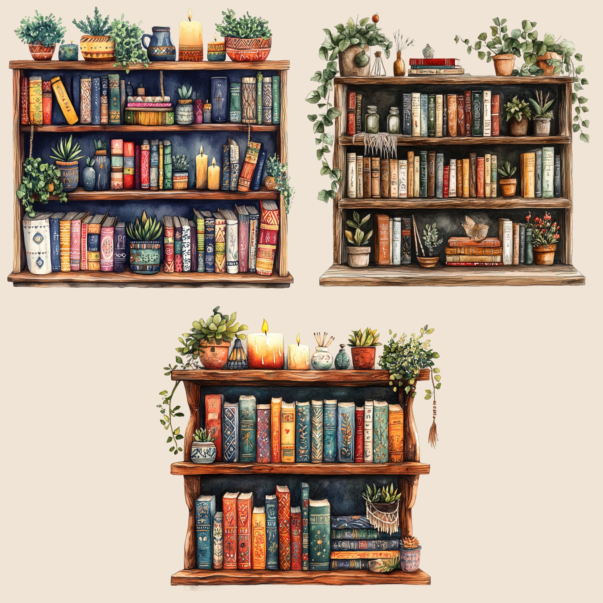 Boho Bookshelf Clipart Watercolor Bookshelf PNG Boho Aesthetic Bookcase ...