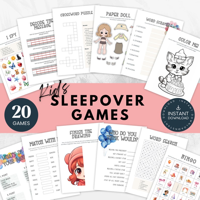 Sleepover Party Games Printable for Girls, Fun Kids Activity Sheets ...