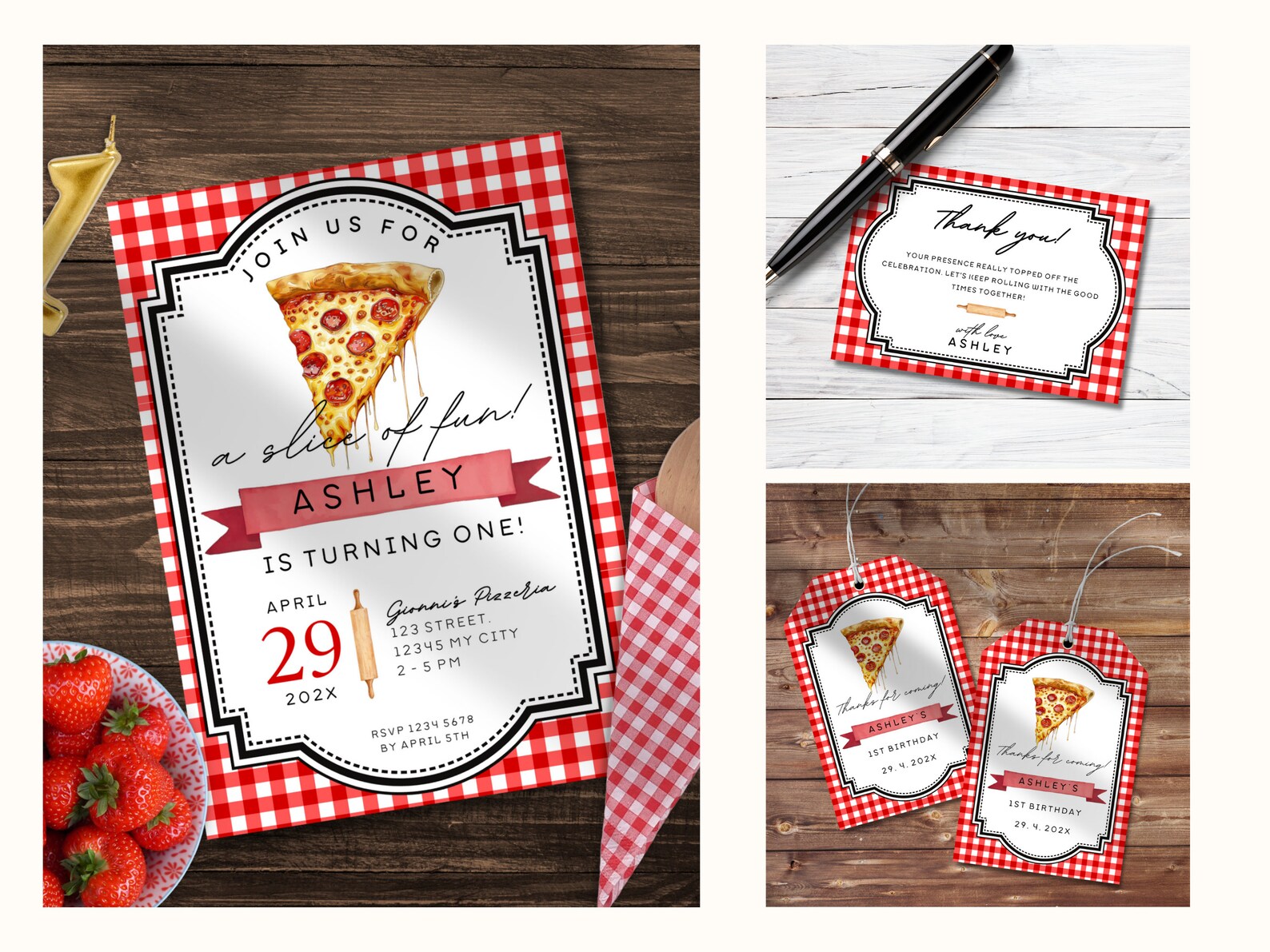 Editable Pizza Party Invitation for 1st Birthday Kids Invite Slice of ...