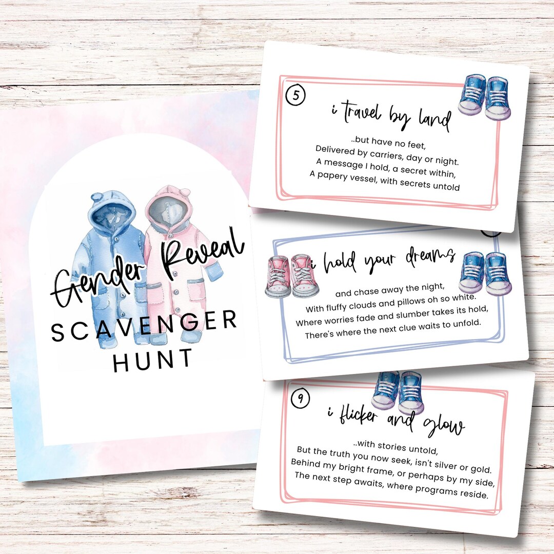 Gender Reveal Scavenger Hunt Clue Cards for Gender Reveal Game Baby ...