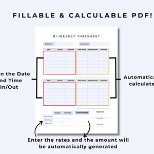 Biweekly Timesheet Template Self Calculating PDF Time Tracker Work ...