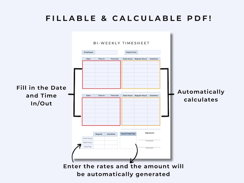 Biweekly Timesheet Template Self Calculating PDF Time Tracker Work ...