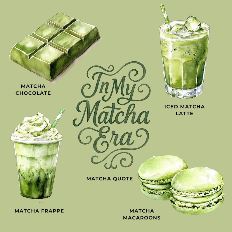 Matcha Latte Drinks and Dessert Clip Art in Watercolor Style for Matcha ...