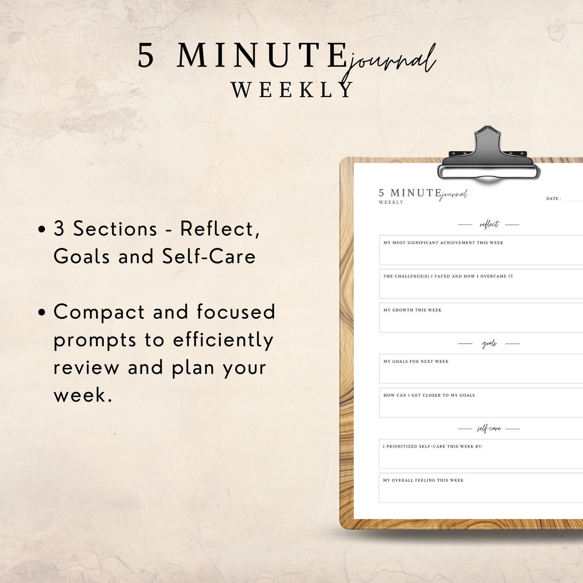 5 Minute Journal With Guided Prompts PDF Wellness Diary Daily ...