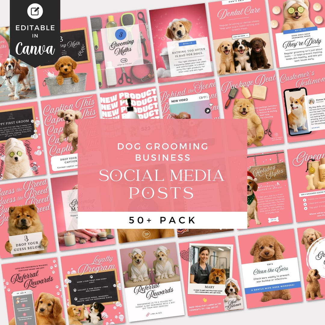 Pink Dog Grooming Social Media Template Pack, Editable Canva Instagram ...