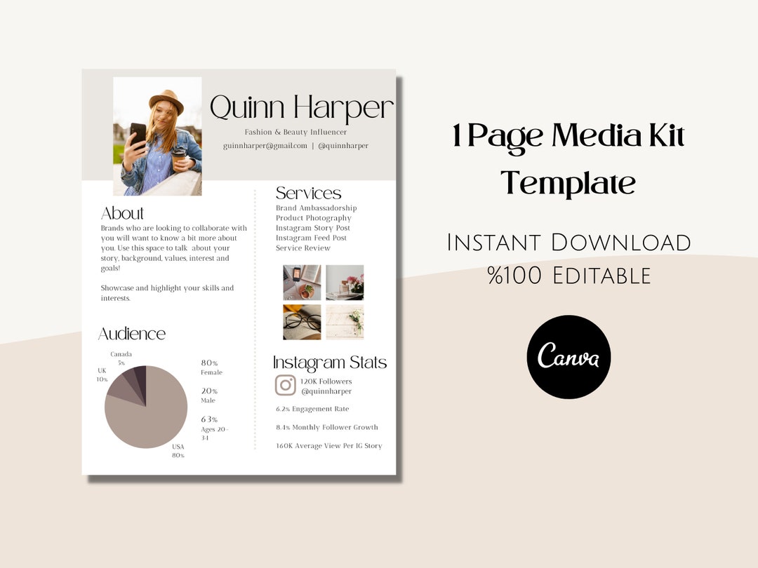 1 Page Media Kit Template Canva Template Instagram Media Kit Blogger ...