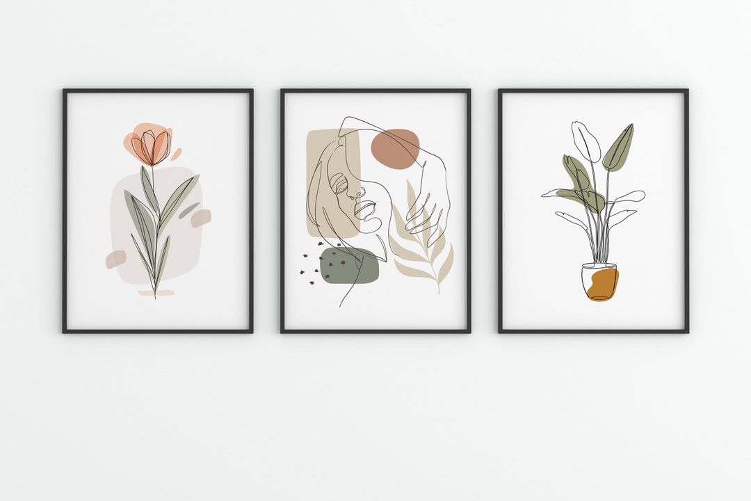 Line Art 3pcs Poster Set Flat Design With Flowers and Elegant Woman ...