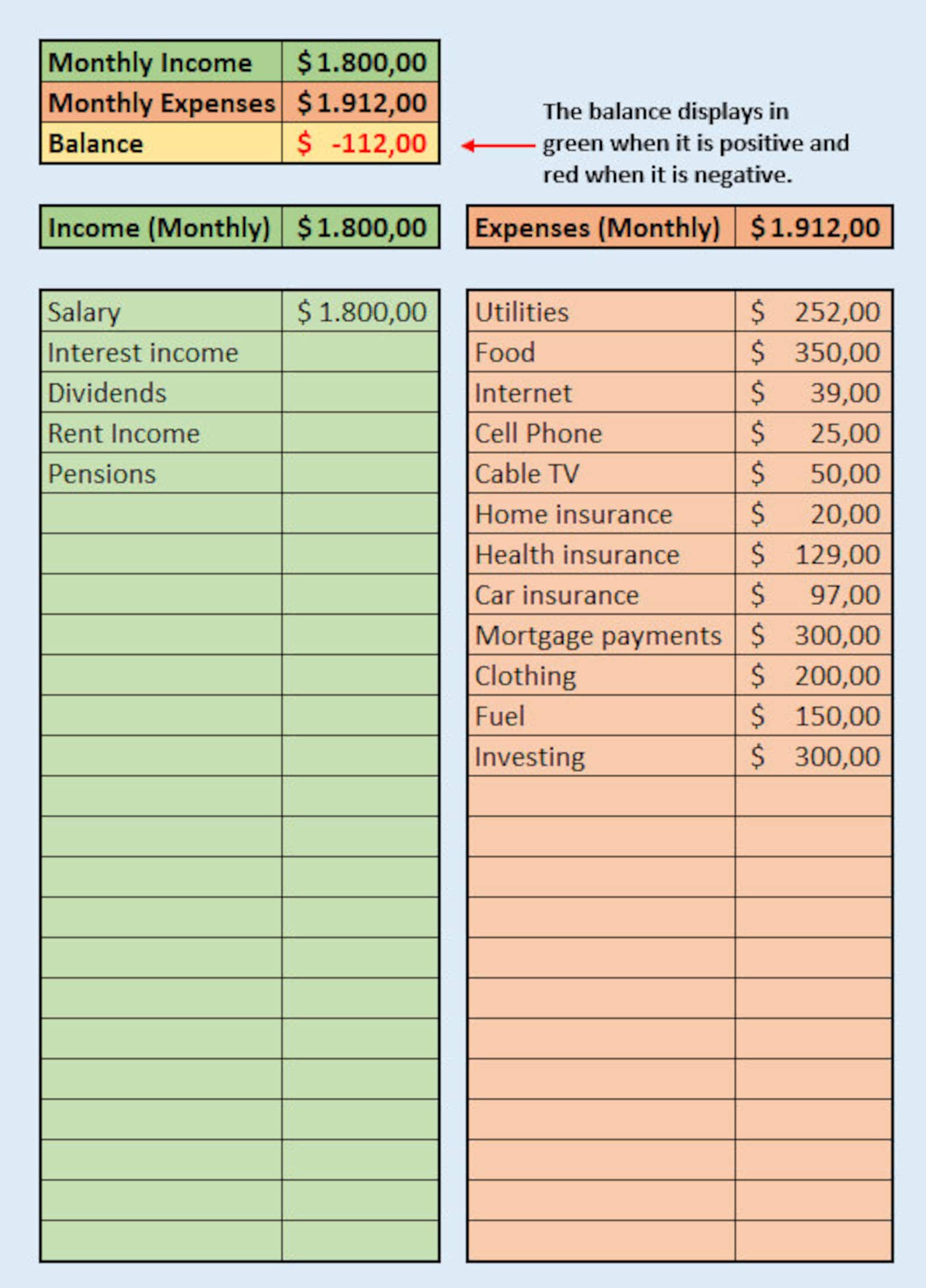Simple Personal Monthly Income and Expenses Statement in Excel - Easy ...