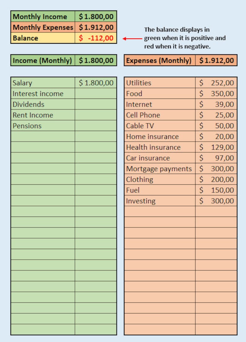 Simple Personal Monthly Income and Expenses Statement in Excel - Easy ...