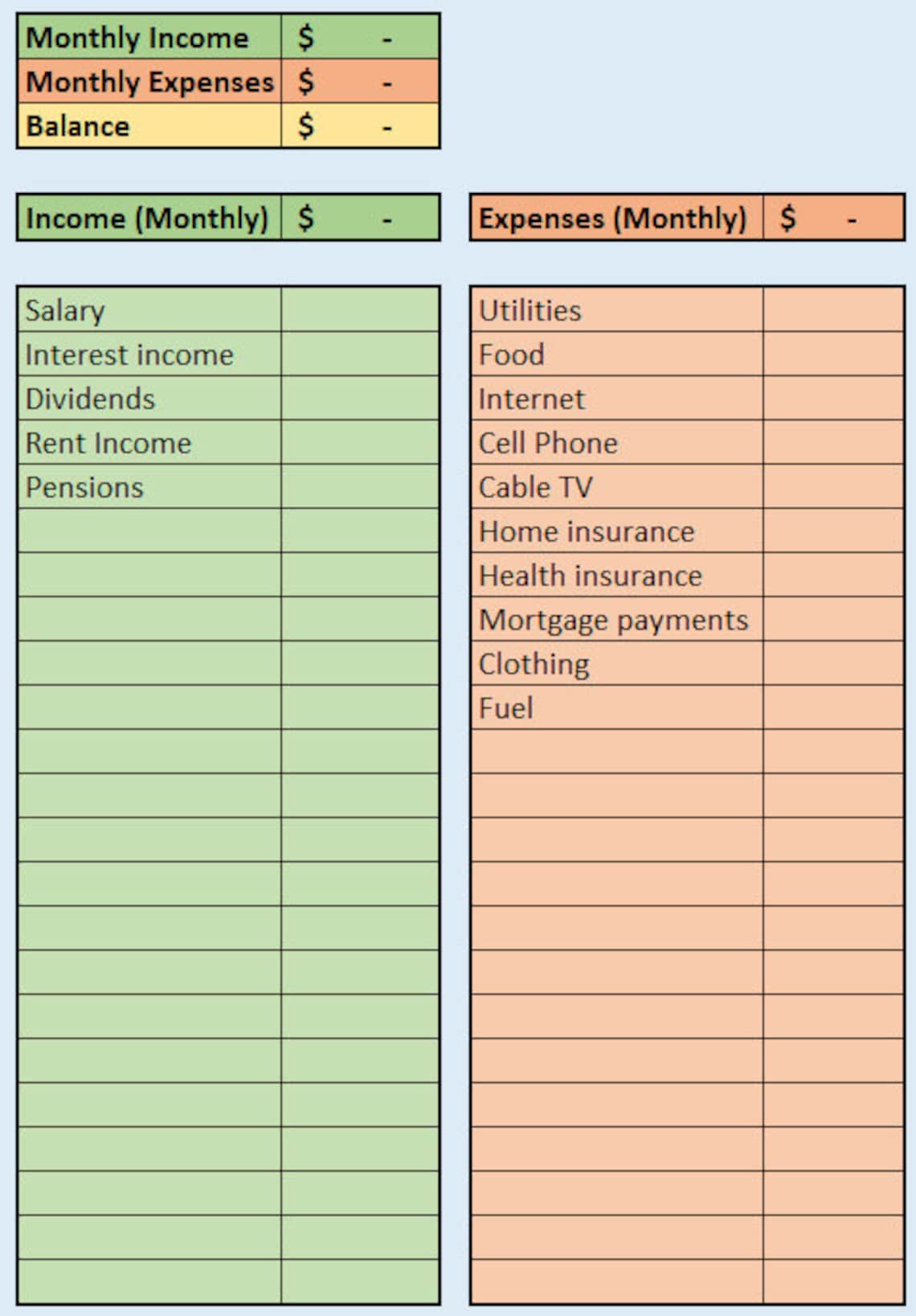 Simple Personal Monthly Income and Expenses Statement in Excel - Easy ...