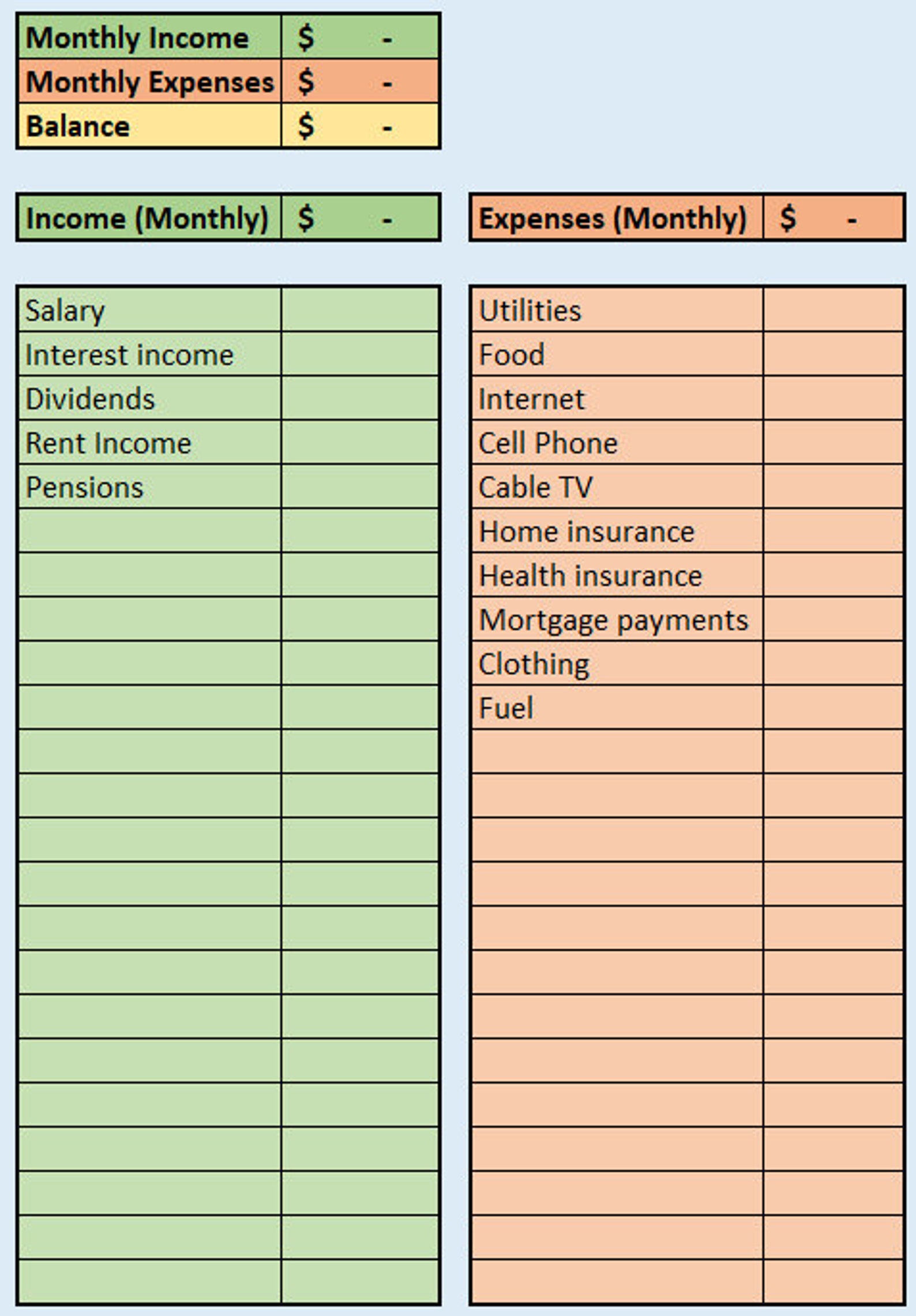 Simple Personal Monthly Income and Expenses Statement in Excel - Easy ...