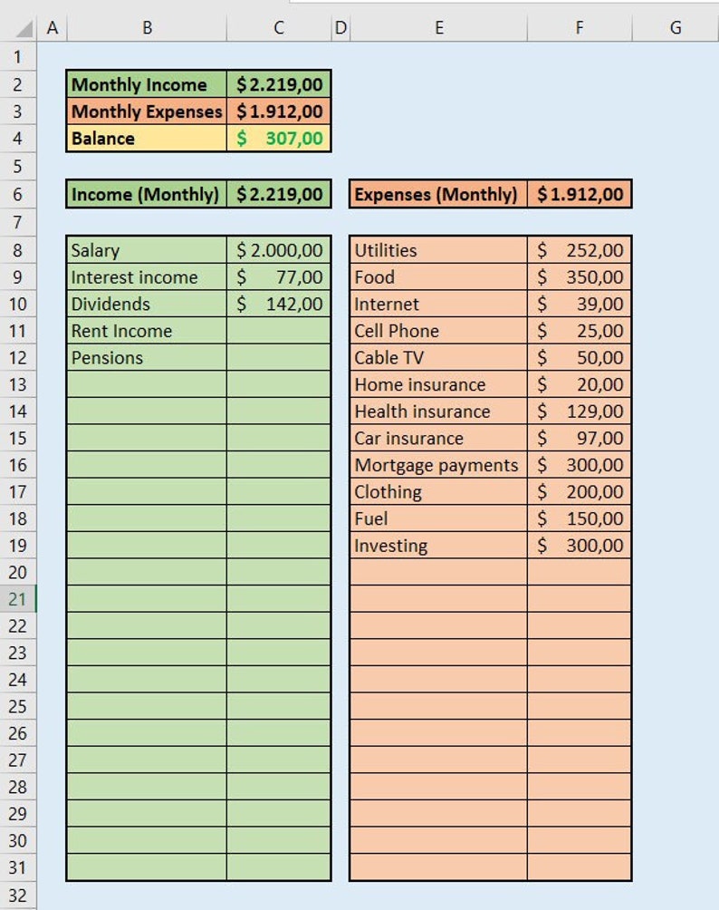 Simple Personal Monthly Income and Expenses Statement in Excel - Easy ...