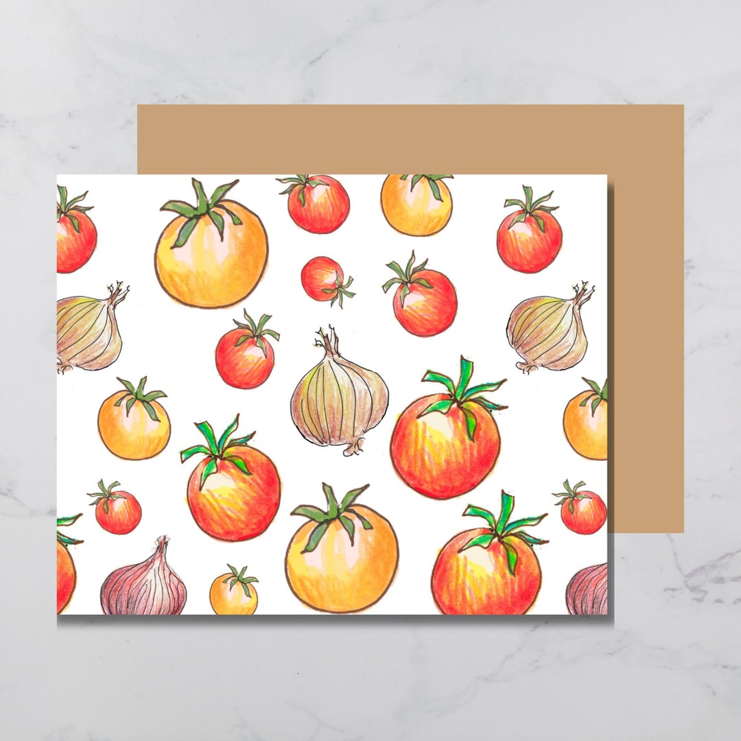 Tomato Note Cards: Personalized Hand-drawn Unique Onion Tomato Flat ...