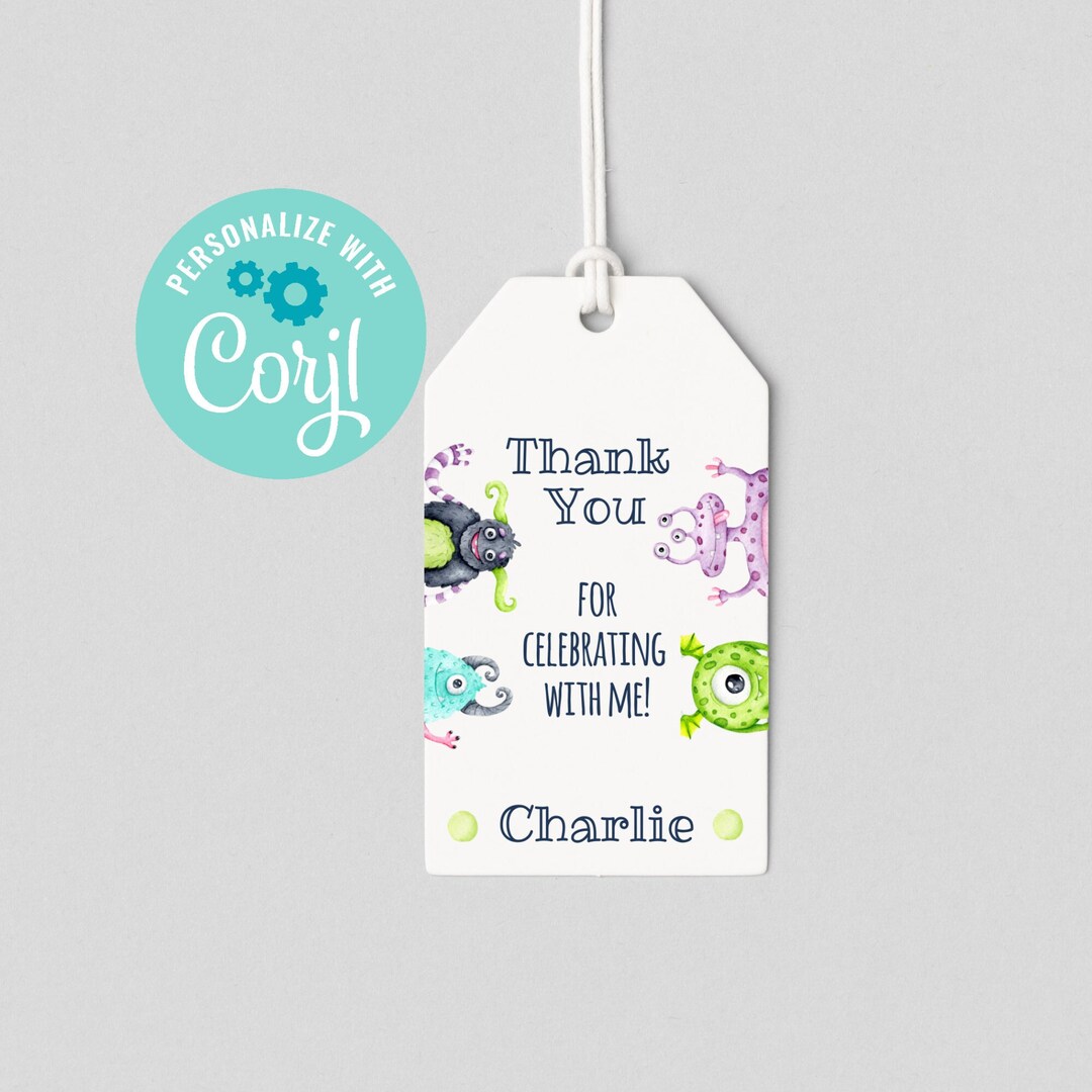 Monster Party Favor Tags, Kid's Birthday Thank You Gift Tags, Editable ...