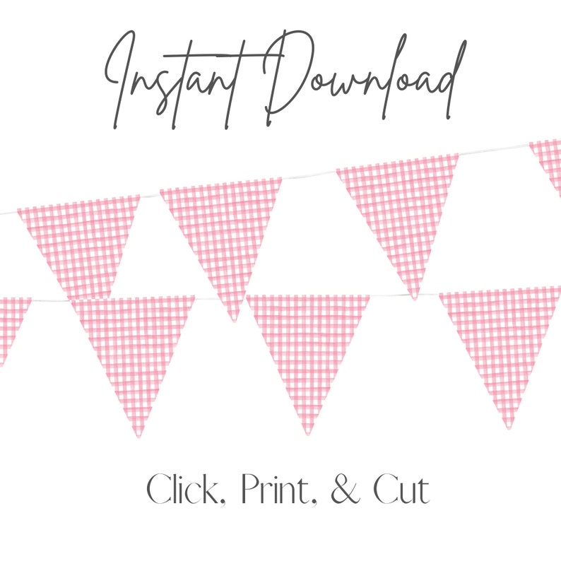 Pink Gingham Pennant Banner, Watercolor Bunting, Printable Instant ...
