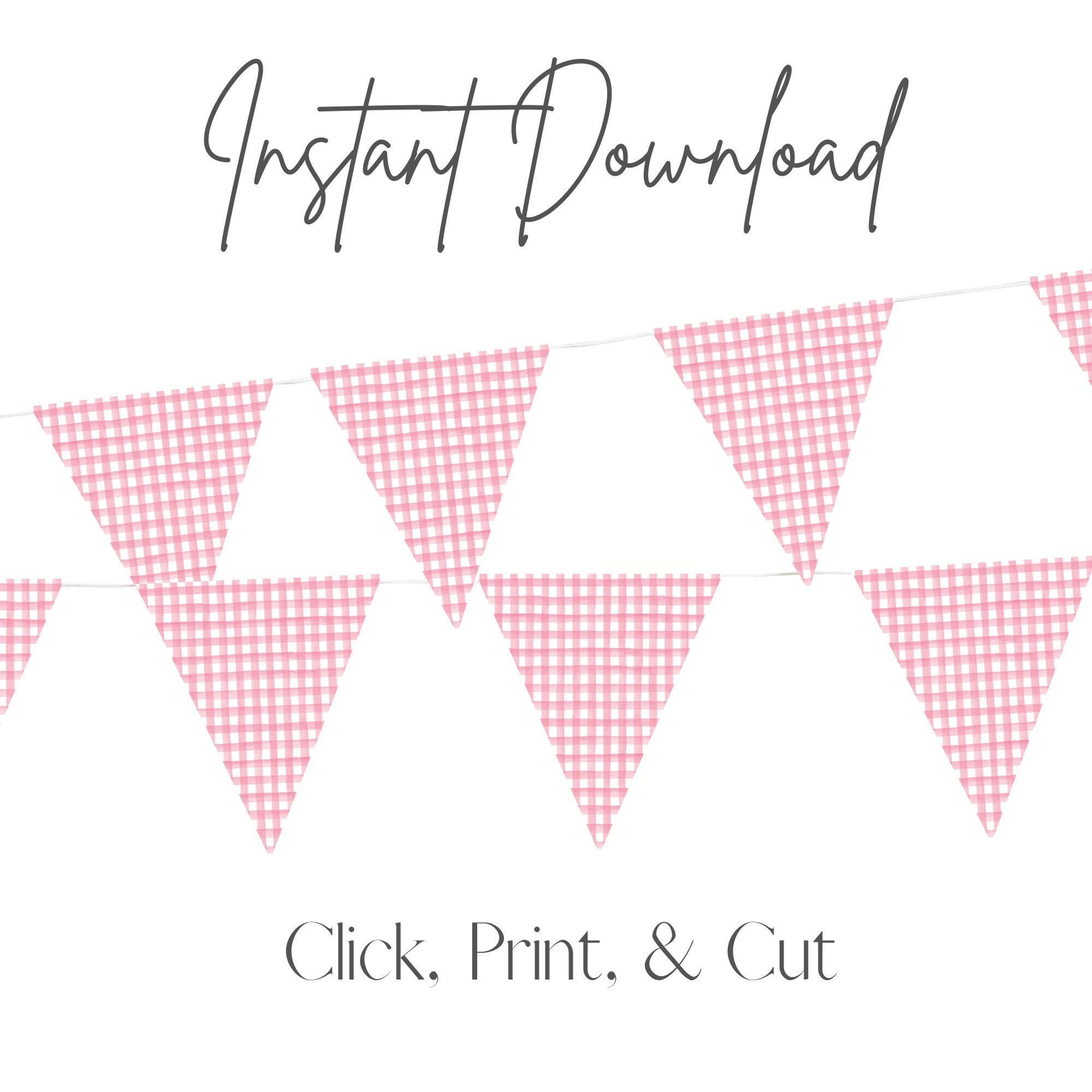 Pink Gingham Pennant Banner, Watercolor Bunting, Printable Instant ...