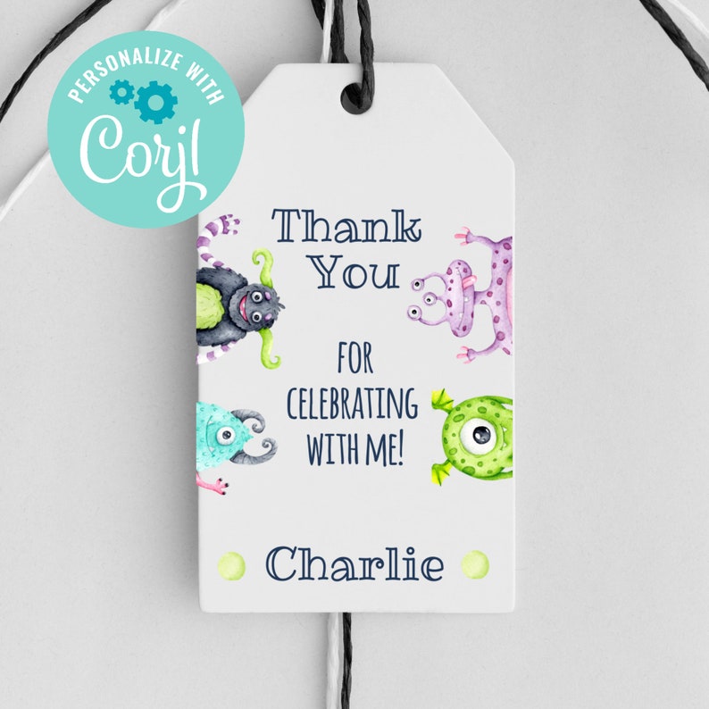Monster Party Favor Tags, Kid's Birthday Thank You Gift Tags, Editable ...