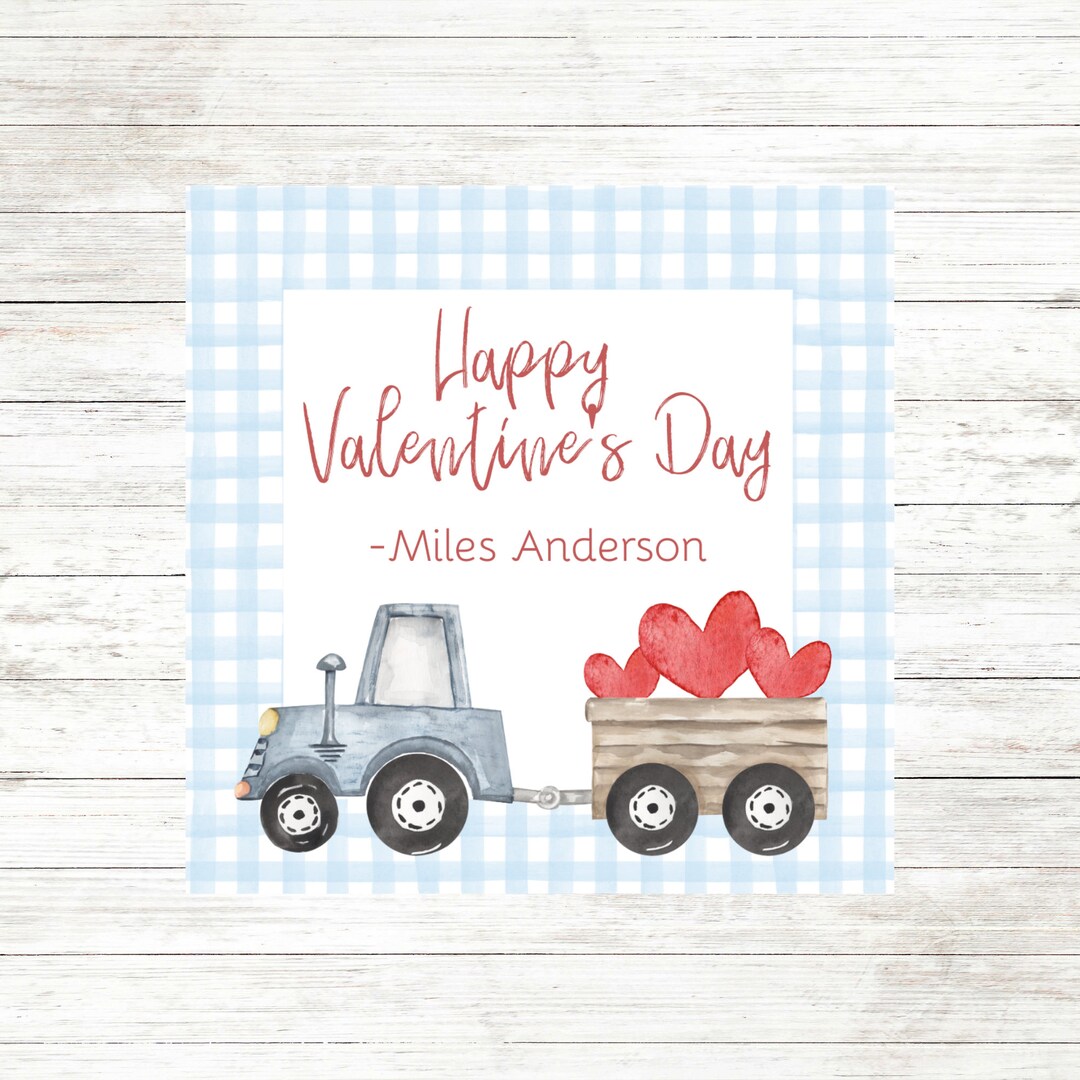 Tractor Valentine Card, Gingham Farm Boy, Personalized Printable ...