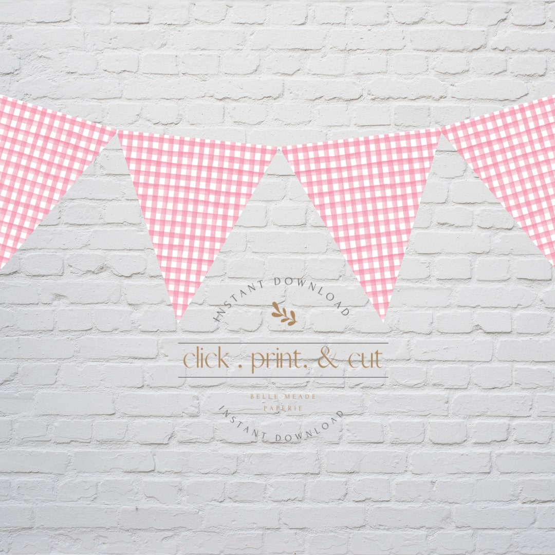 Pink Gingham Pennant Banner, Watercolor Bunting, Printable Instant ...