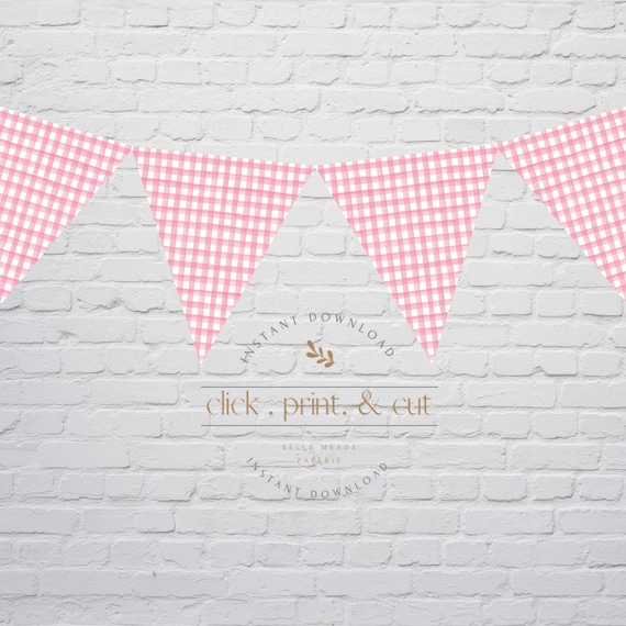 Pink Gingham Pennant Banner Watercolor Bunting Printable | Etsy