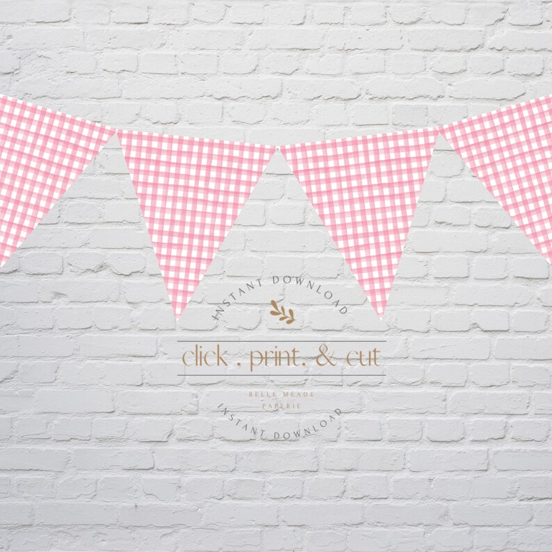 Pink Gingham Pennant Banner, Watercolor Bunting, Printable Instant ...