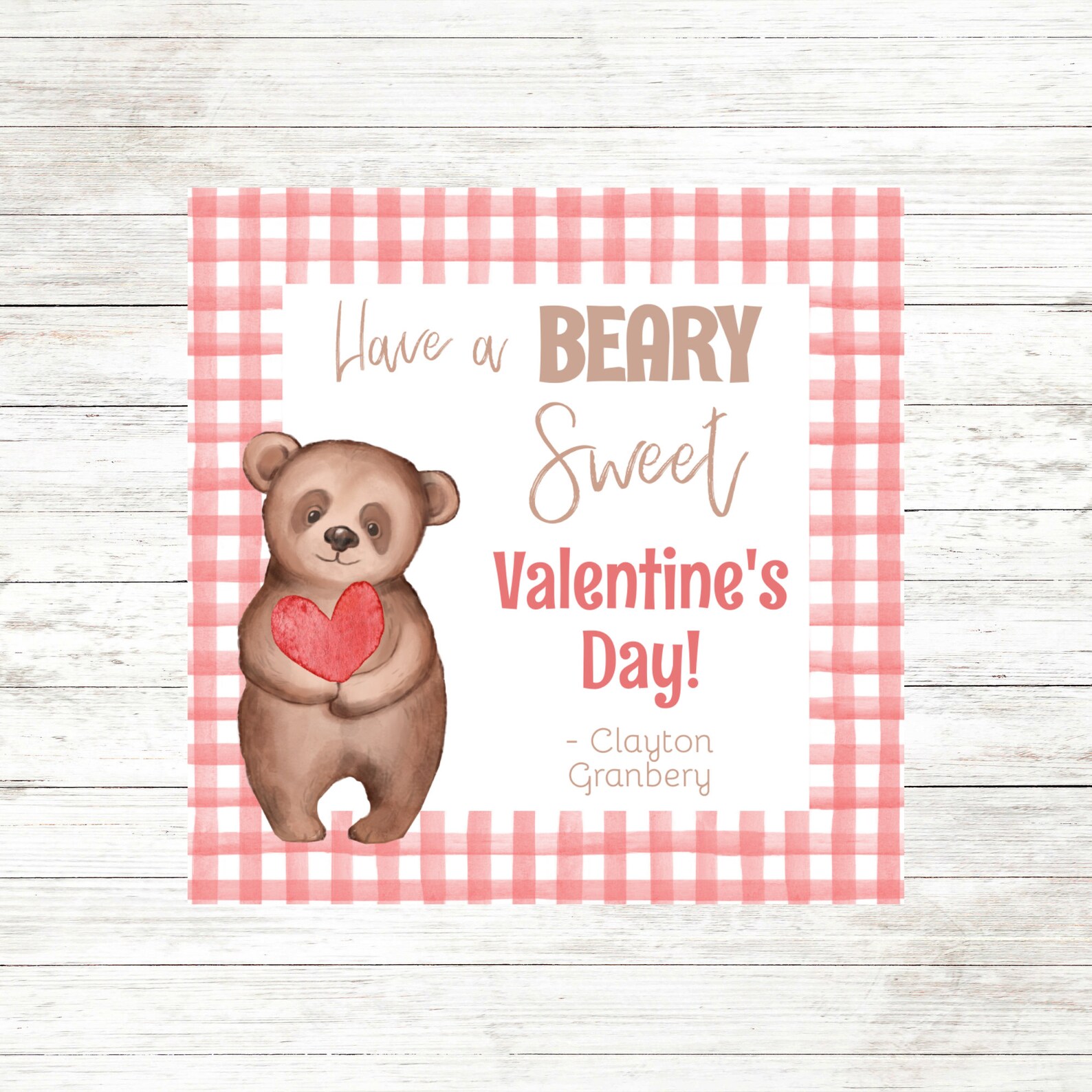 Beary Sweet Valentine's Day Card, Personalized Gingham Valentine's Tag ...
