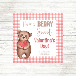 Beary Sweet Valentine's Day Card, Personalized Gingham Valentine's Tag ...