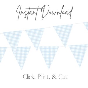 Baby Blue Gingham Pennant Banner, Watercolor Bunting, Instant Printable ...