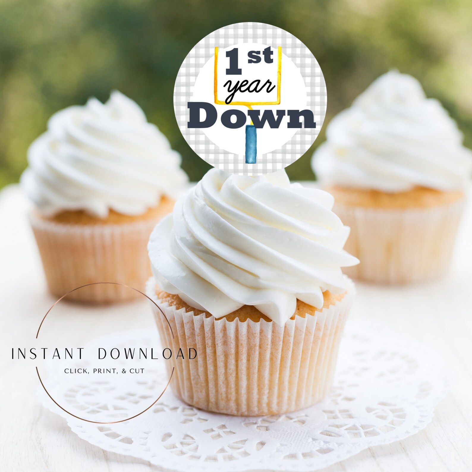 1st Year Down Cupcake Toppers, First Birthday Football Cake Toppers ...