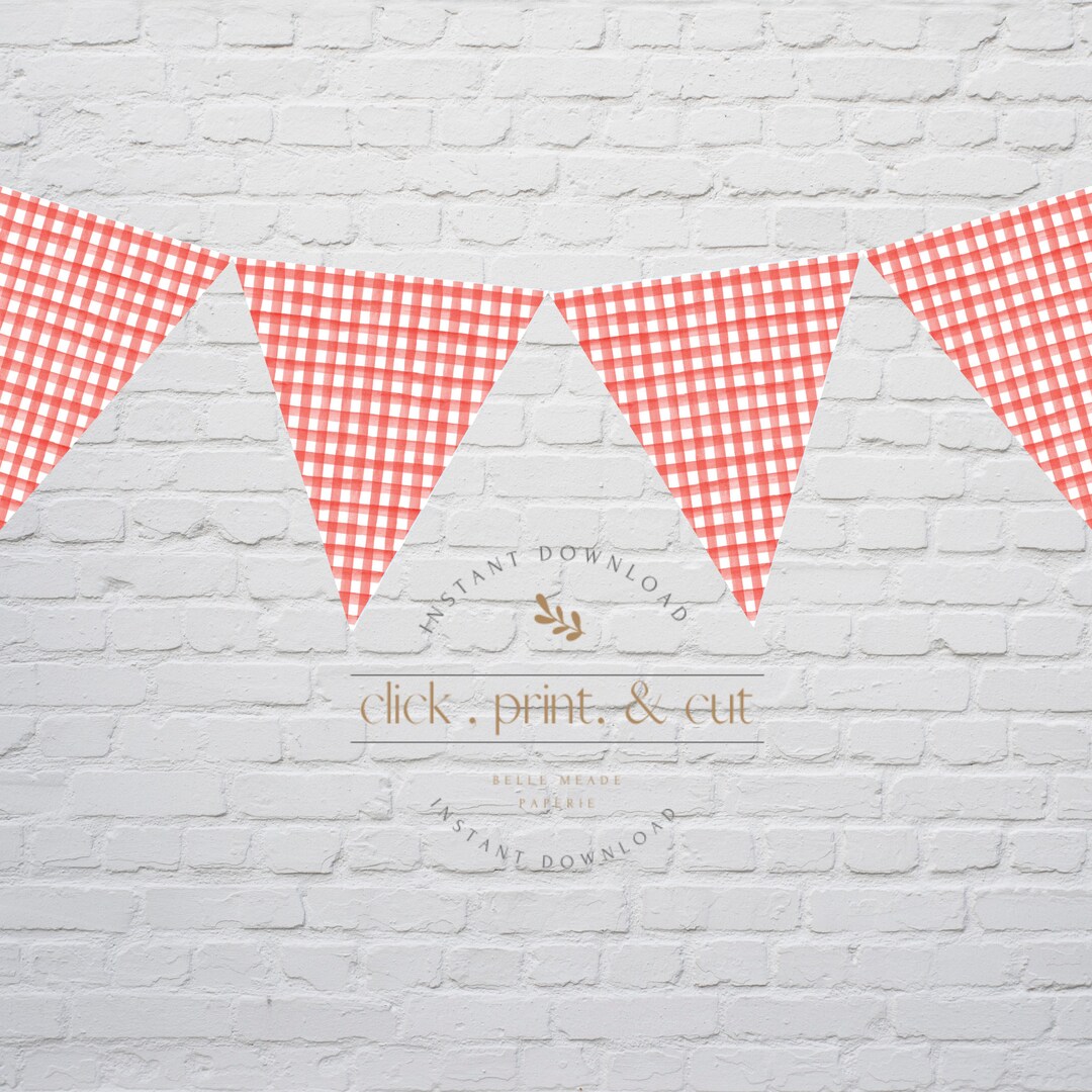 Red Gingham Pennant Banner, Watercolor Bunting, Printable Instant ...