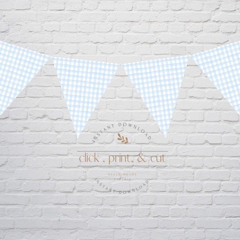 Baby Blue Gingham Pennant Banner, Watercolor Bunting, Instant Printable ...