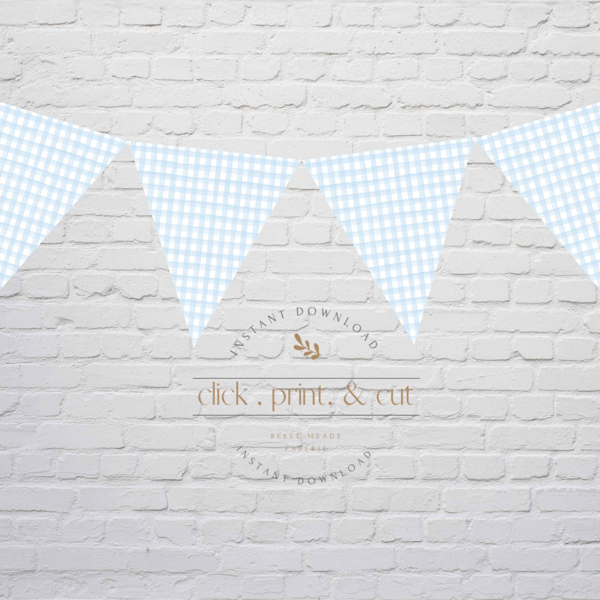 Baby Blue Gingham Pennant Banner, Watercolor Bunting, Instant Printable ...