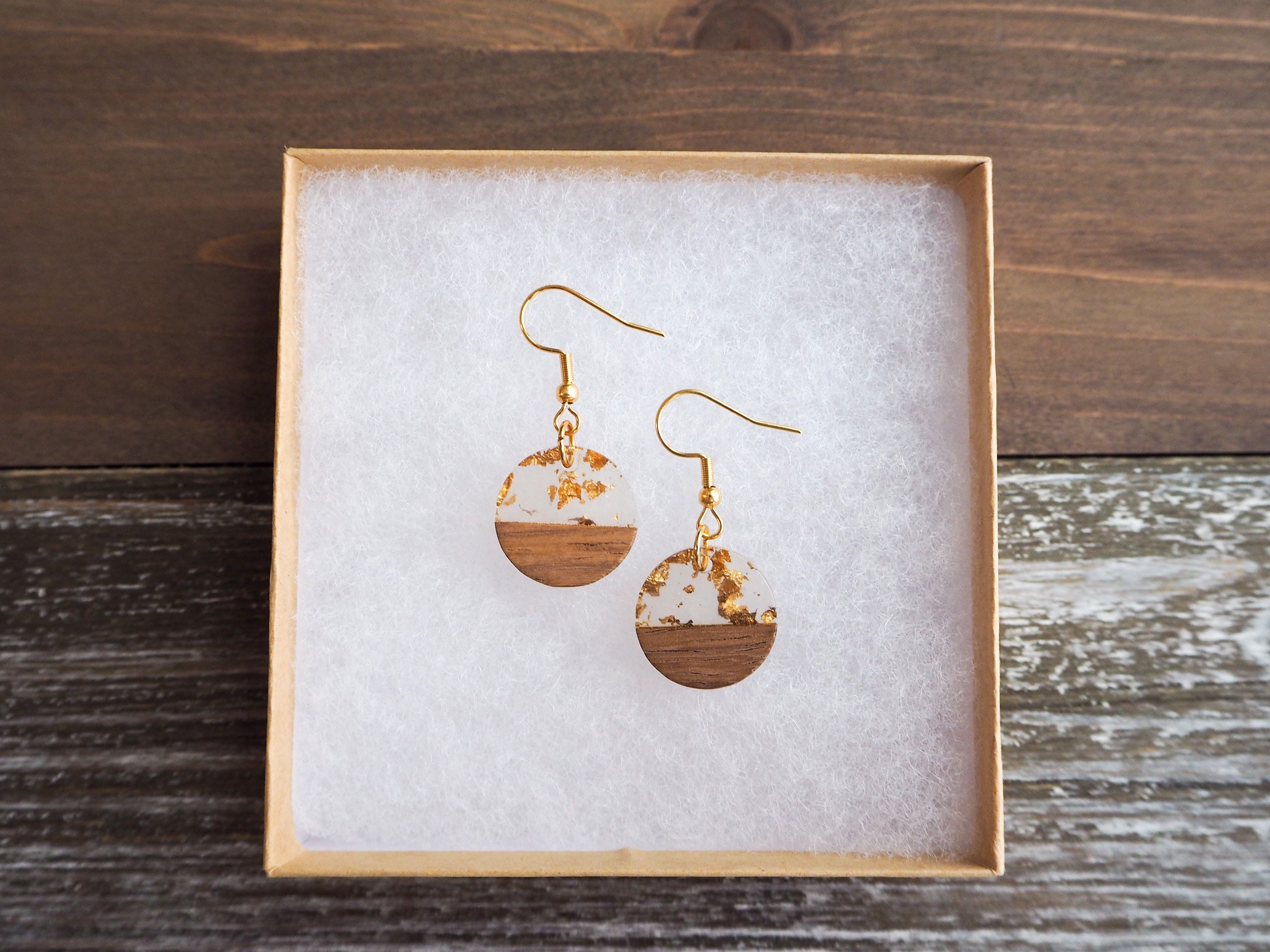 Mini Gold Flakes & Wood Circle Earrings Boho Wooden Earrings - Etsy