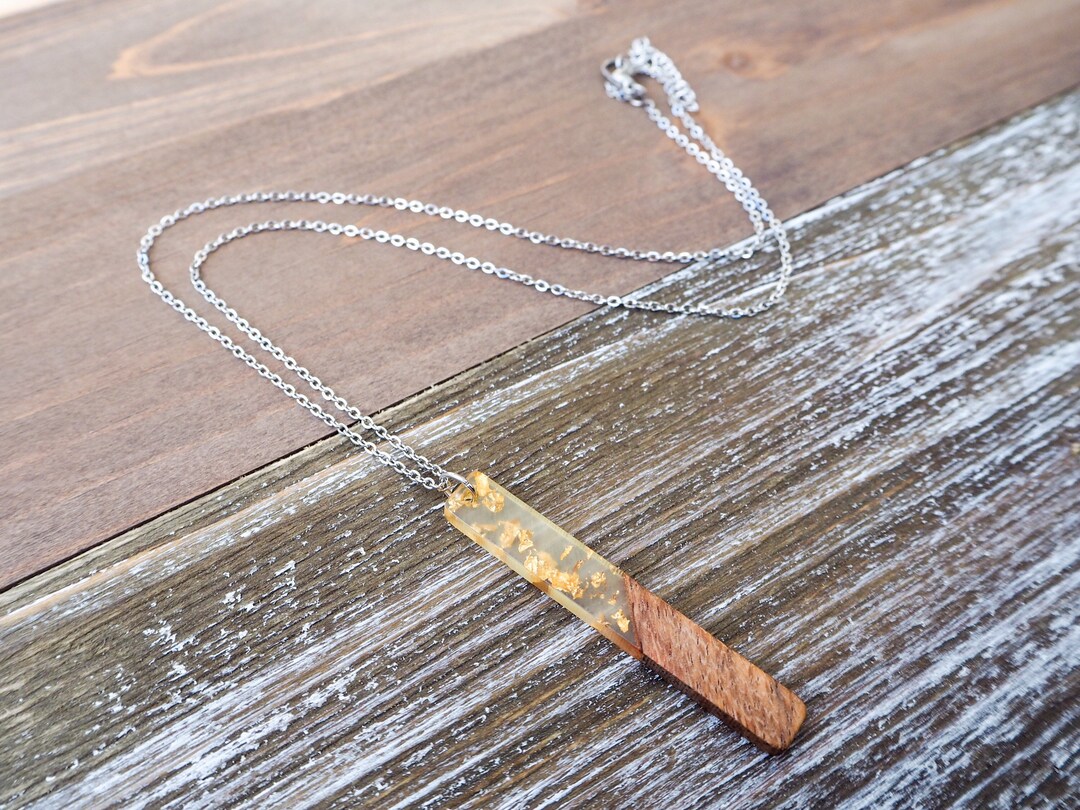 Gold Flakes & Wood Bar Necklace | Boho Wooden Necklace | Minimalist and ...