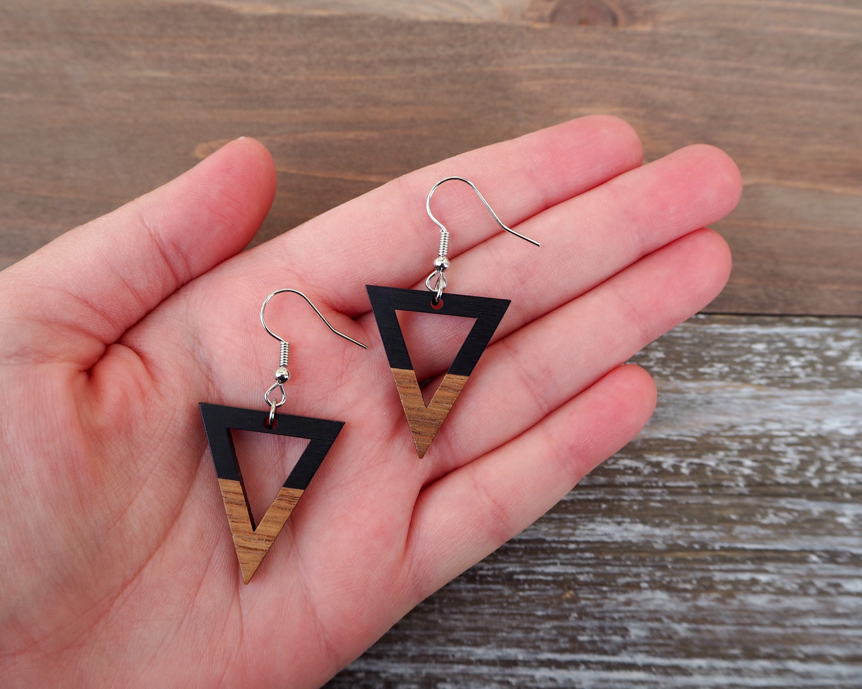 Minimalist Black & Wood Triangle Earrings Boho Hippie Wooden | Etsy
