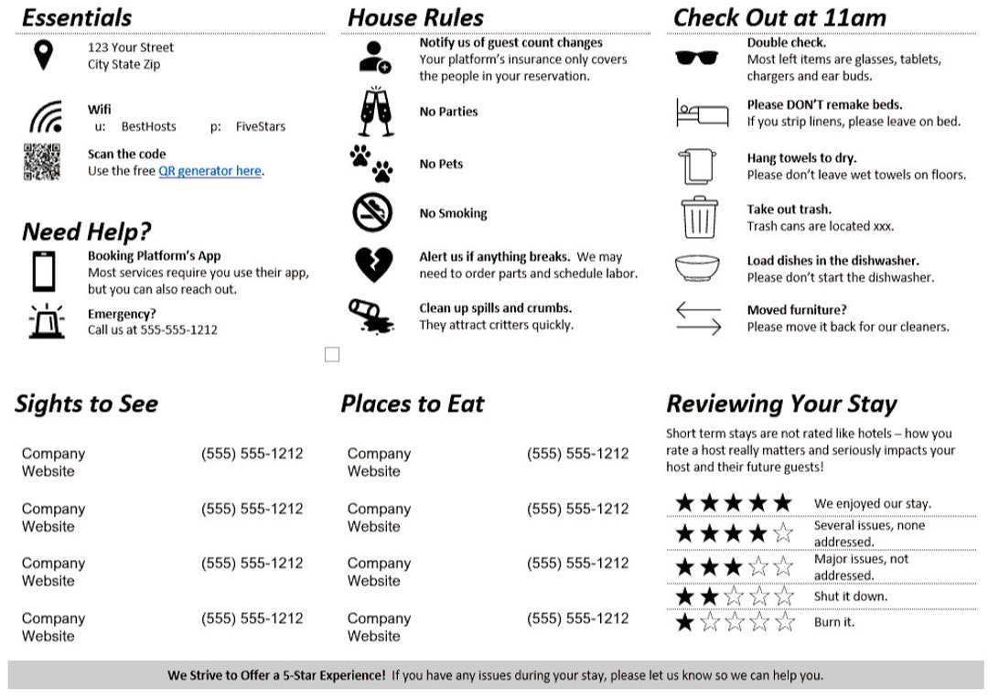 Airbnb VRBO Guest Info and Welcome Page for Refrigerator or Framing - Etsy