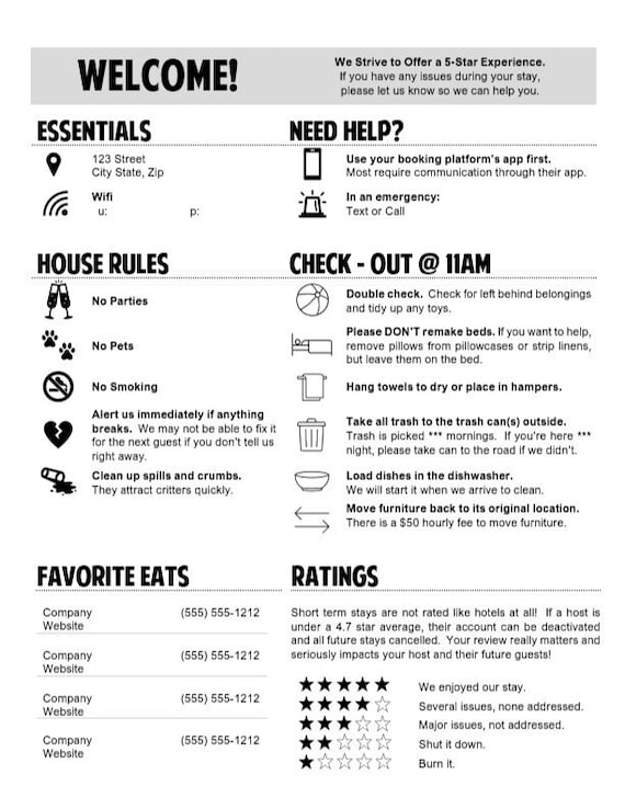 Airbnb Guest Info and Welcome Page for Refrigerator or Framing - Etsy