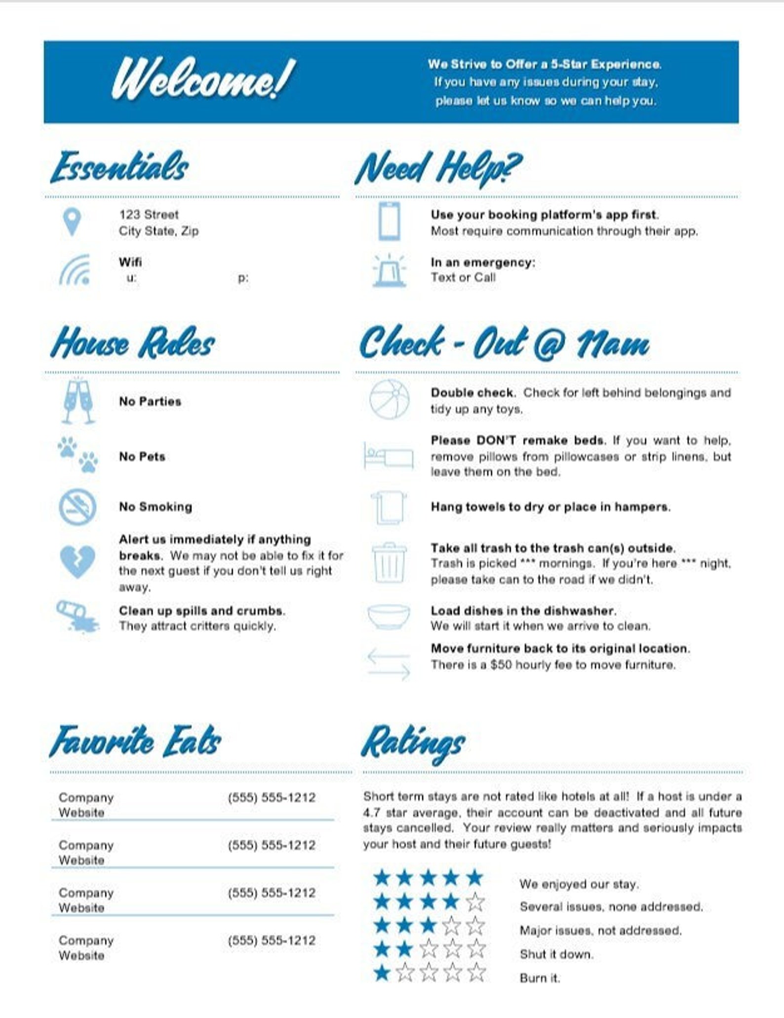 Airbnb Guest Info and Welcome Page for Refrigerator or Framing - Blue ...