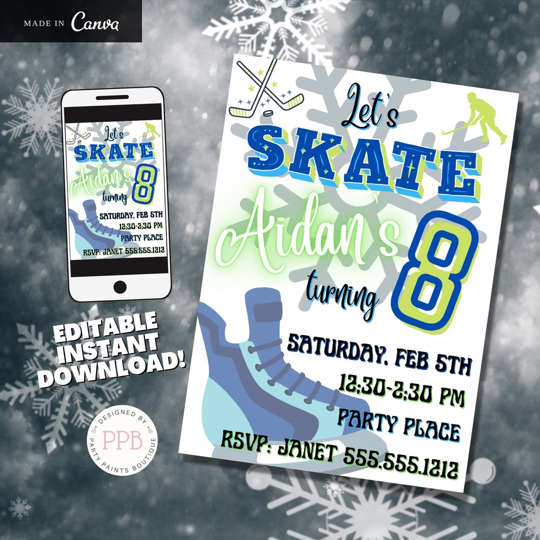 Ice Skating Birthday Invitation, Boys Ice Skating Birthday Invite, Ice ...